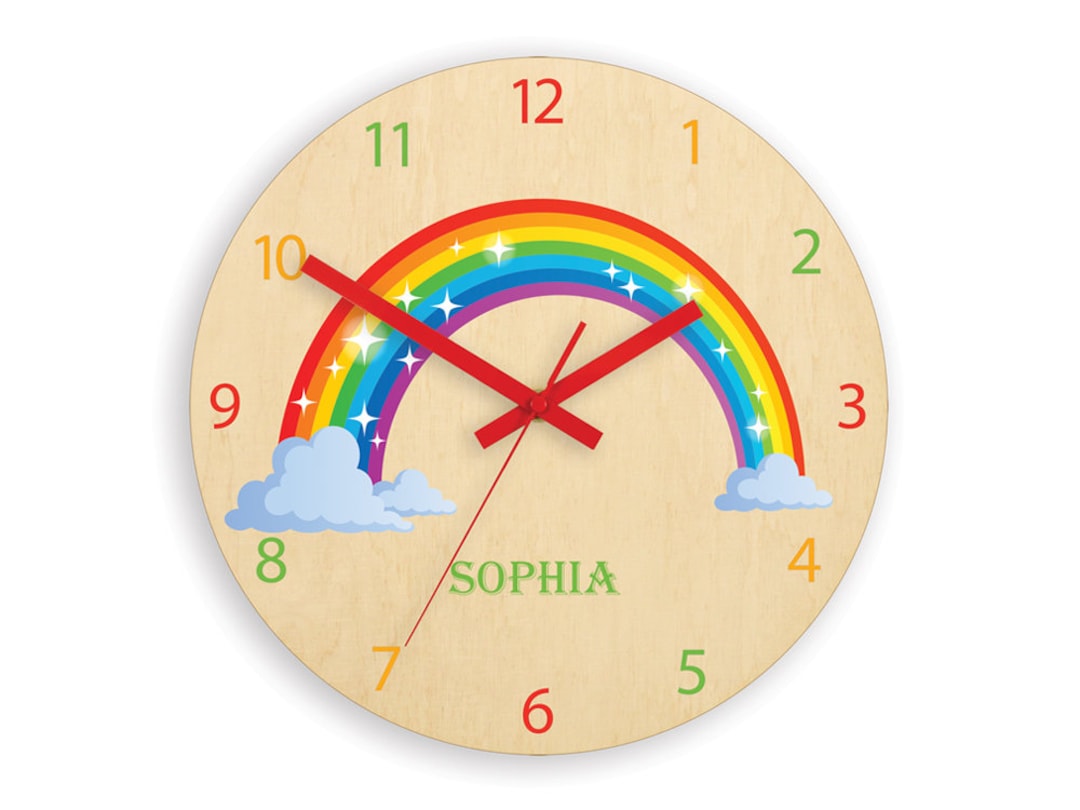 Children Wall Clock - Rainbow With Personalizen Name, Wood Clock, Large ...