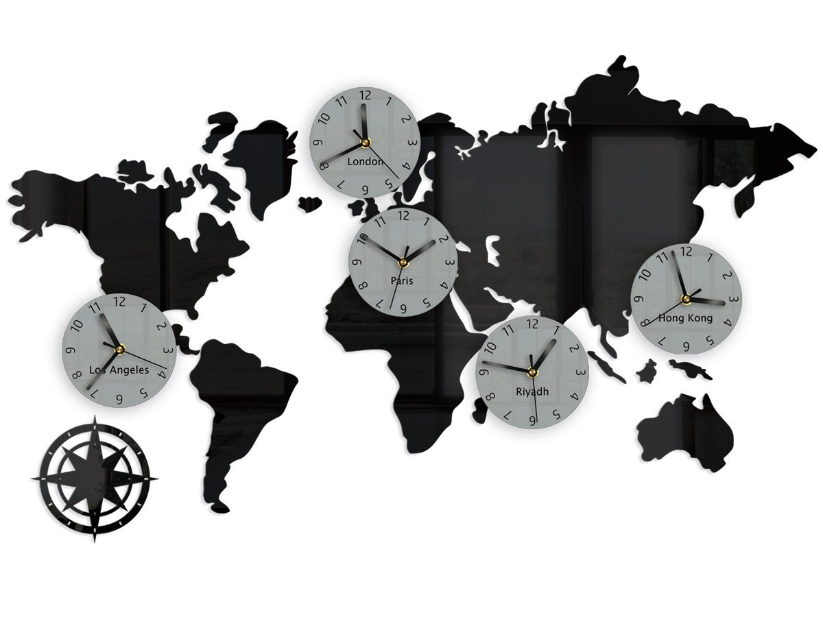 Wall Clock with 5 time zones: Los Angeles, London, Paris, Hong Kong ...