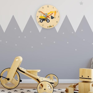 Kids Wall Clock - Excavator With Personalizen Name, Wood Clock, Large ...
