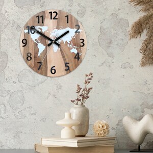 Walnut Wall Clock With World Map, Large Wall Clock,modern Wall Clock - Etsy