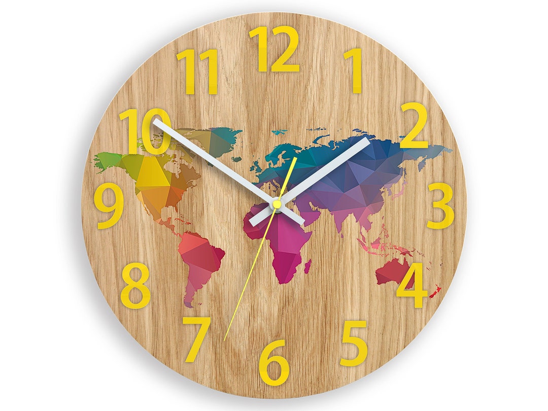 Wood Wall Clock With World Map, Modern Wall Clock With Yellow Numbers ...