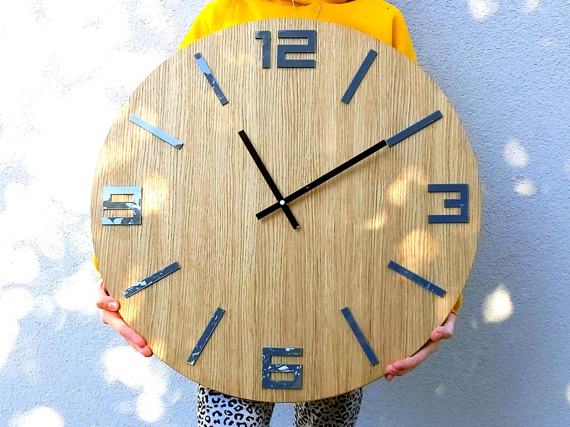 Large Wall Clock Wood Clock With Grey Numbers and Black - Etsy