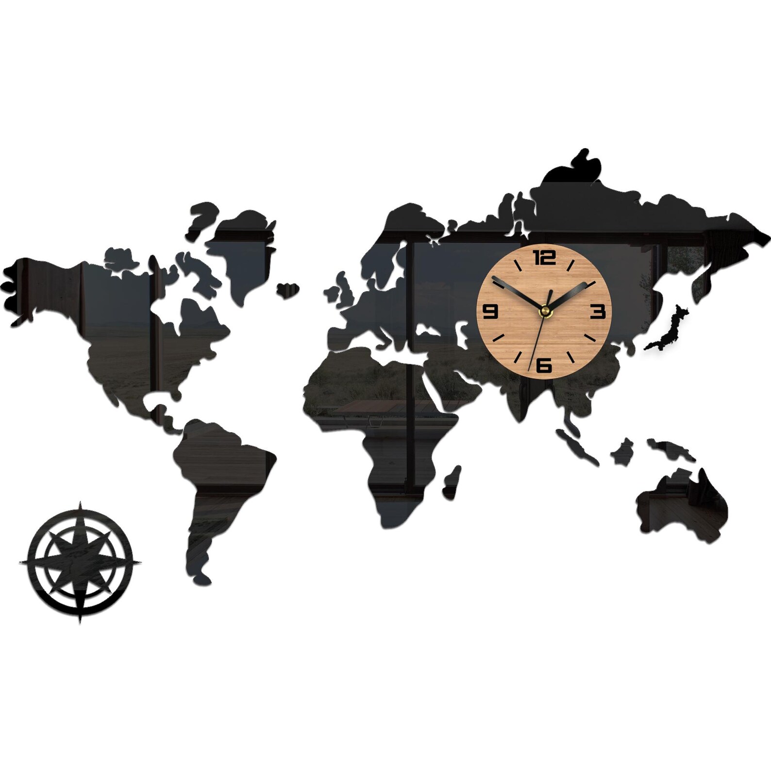 LARGE Wall Clock, Acrylic World Map Wall Clock - Bamboo Dial, Modern ...