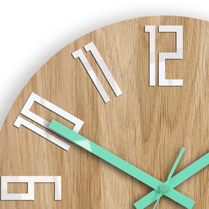 Large Wall Clock- Silent Oak Wood Clock With White Numbers and Mint ...