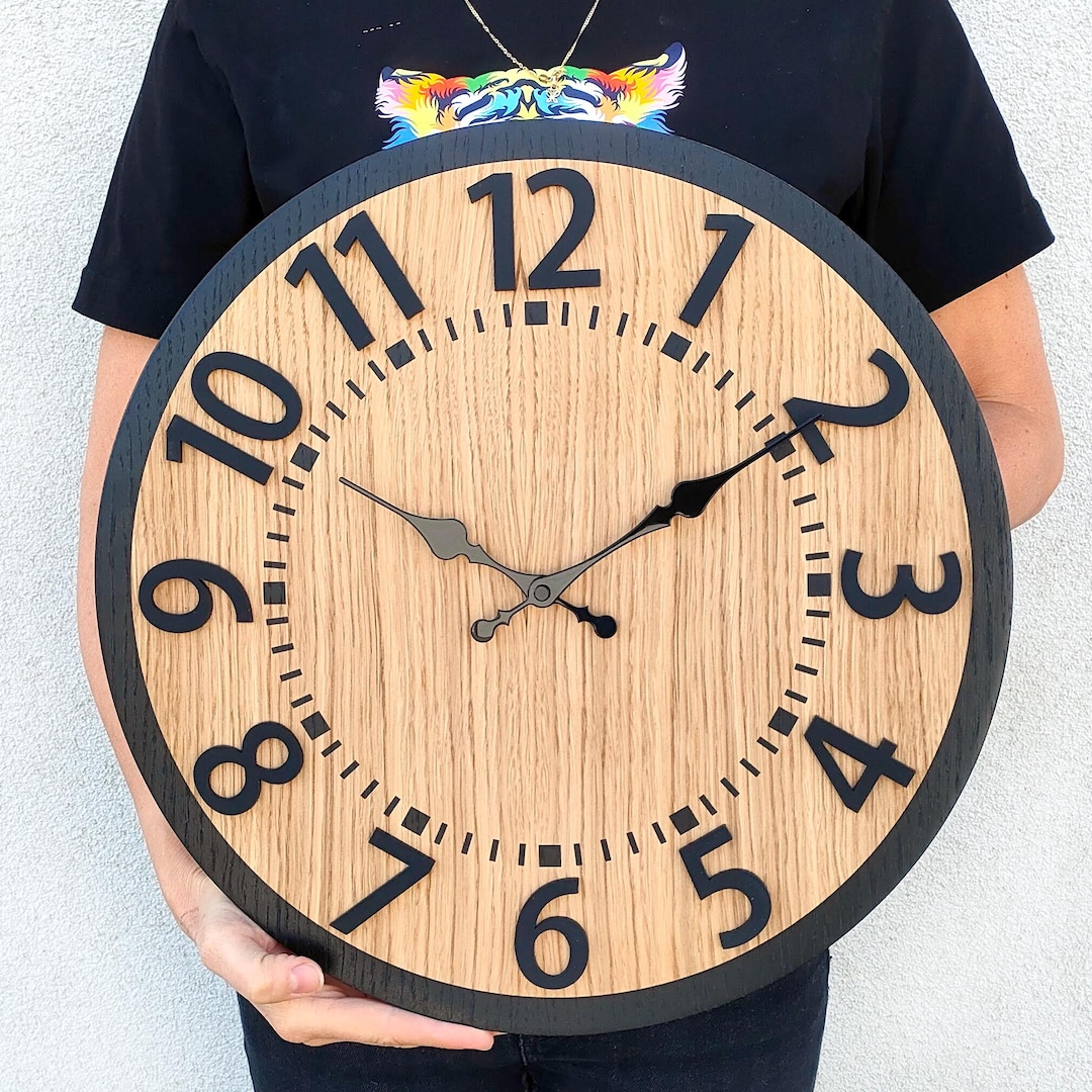 Large Wooden Wall Clock With Black 3D Numbers – Silent Modern Farmhouse ...