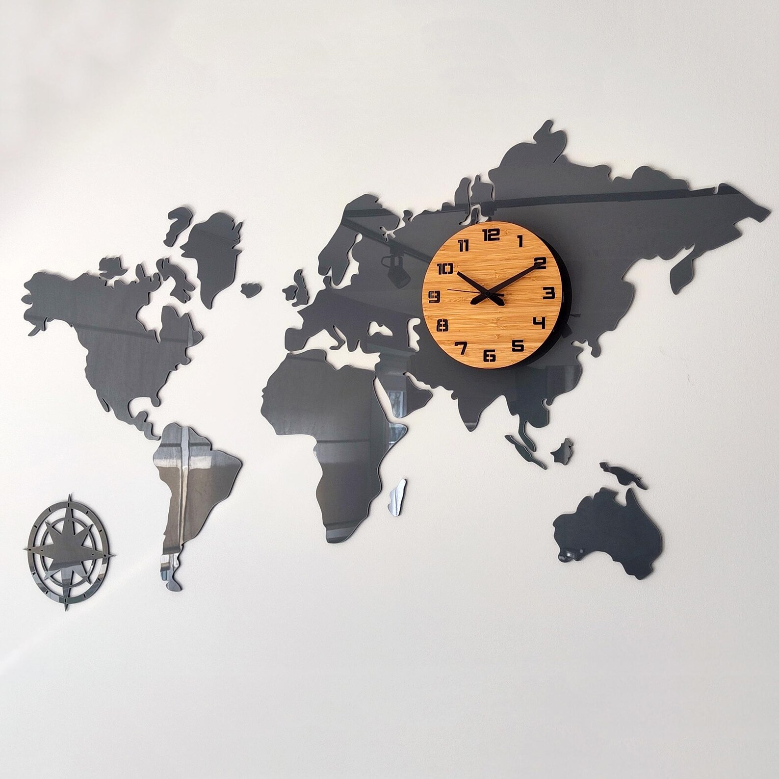 World Map Wall Clock – Acrylic High Gloss With Bamboo Dial – Silent ...