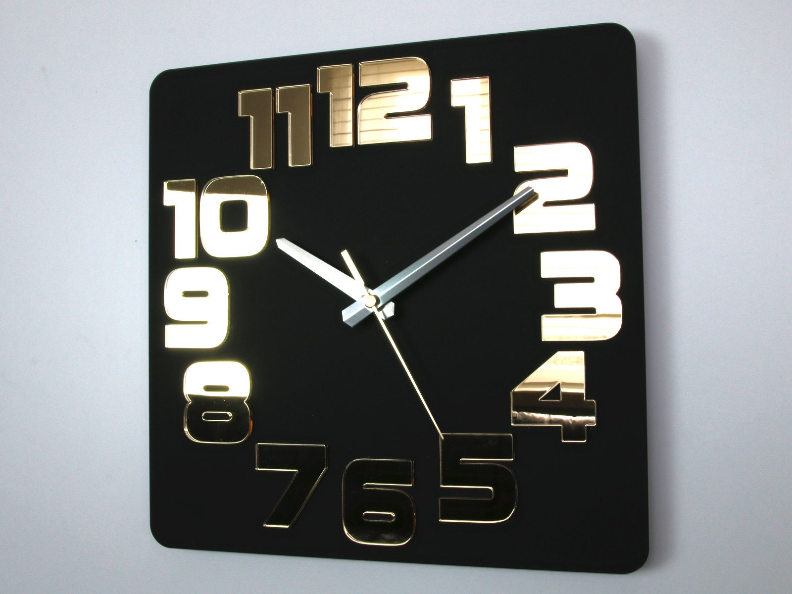 Large Wall Clock Logic Black With Gold Mirror Numbers Silent | Etsy