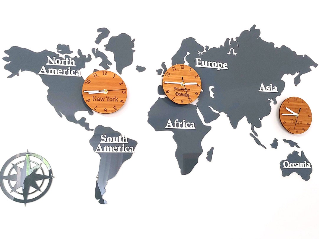 LARGE Wall Clock, Map Clock With Time Zones, Gray Clock, World Clock ...