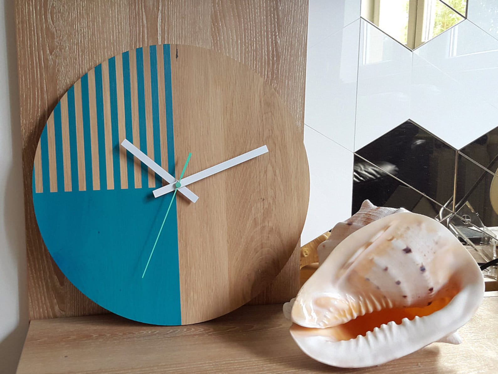 Large Wood Wall Clock, OAK, Blue Lagoon 13,19inch, Gift, Unique Wall ...