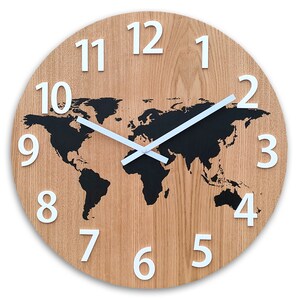 Large Wall Clock, Wood Clock - World Map, Black Silent Modern Clock ...