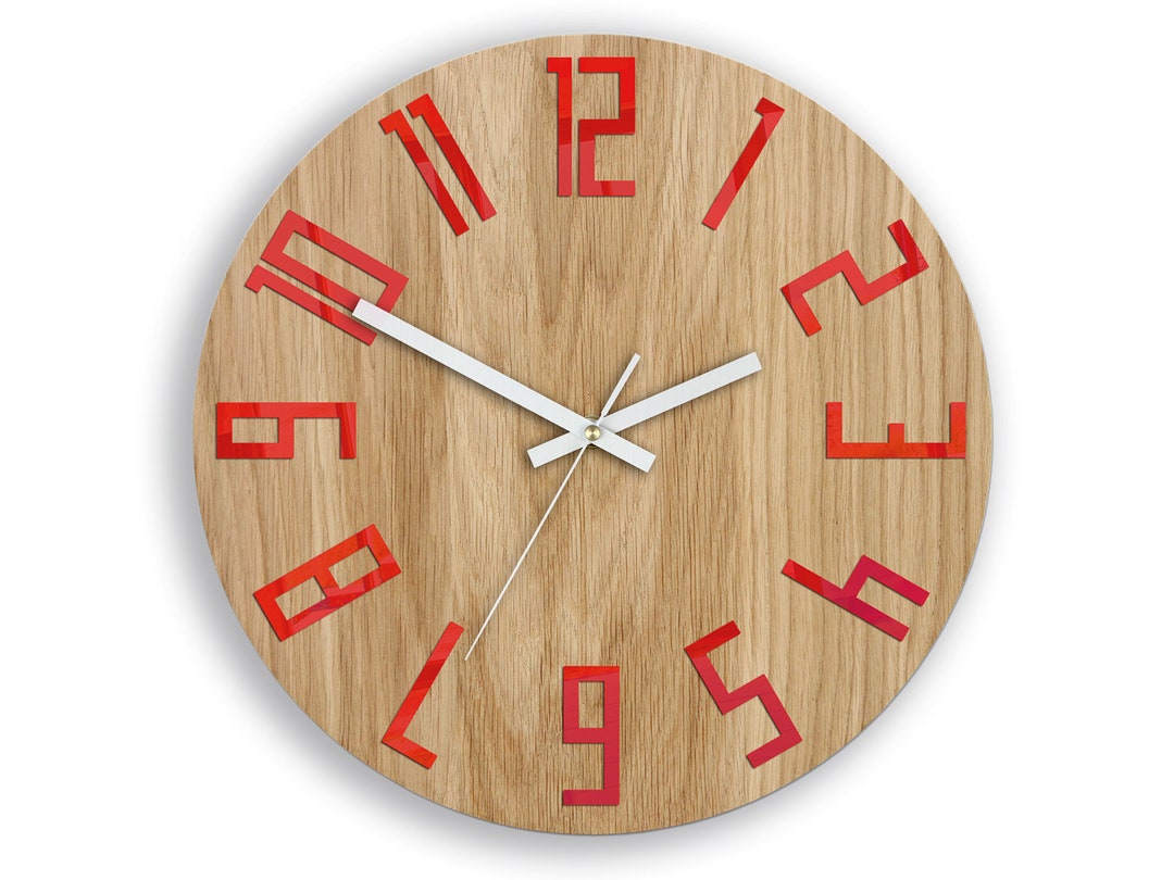 Wall Clock With Red Numbers, Silent Wood Clock, Unique Clock, Modern ...