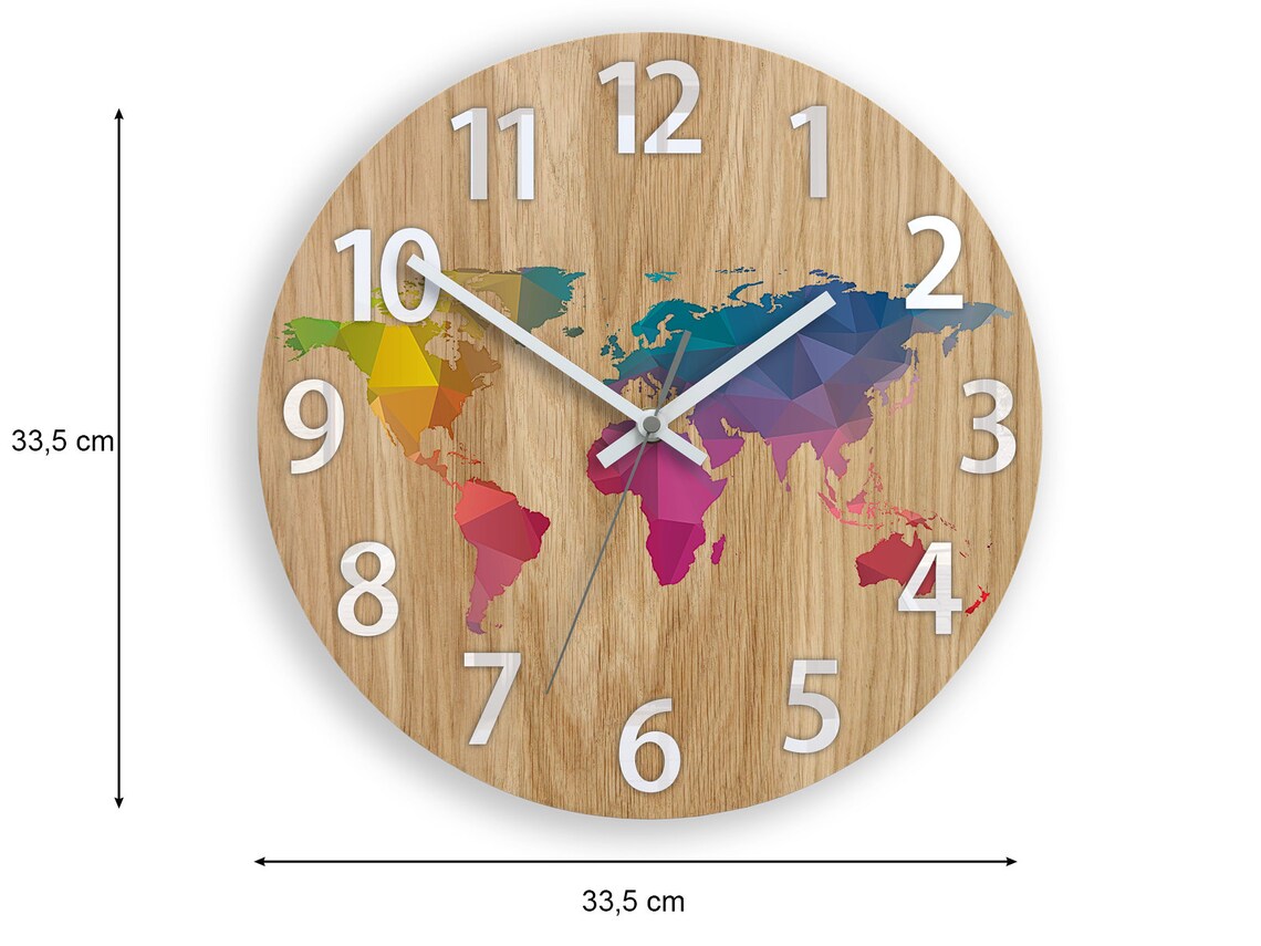 Wall Clock OAK 13 in World Map With Numbers Wood Clock - Etsy