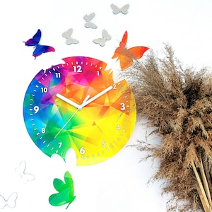 Rainbow Wall Clock Butterfly Silent Modern Clock- 9 Pcs Butterflay With ...