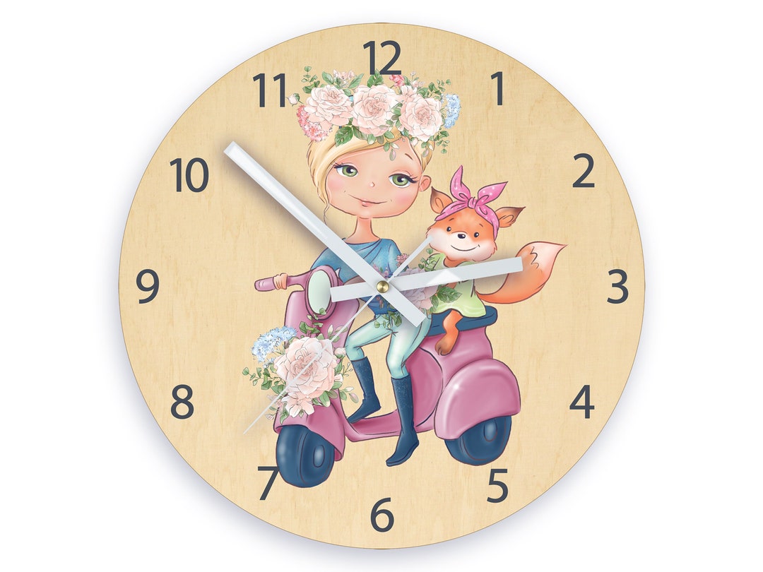 Personalized Wooden Clock - Sweet Girl With a Fox, With Name, Clock ...