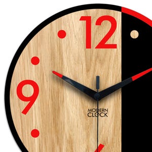 Modern Wooden Wall Clock – Unique Red & Black Design, Silent Quartz ...
