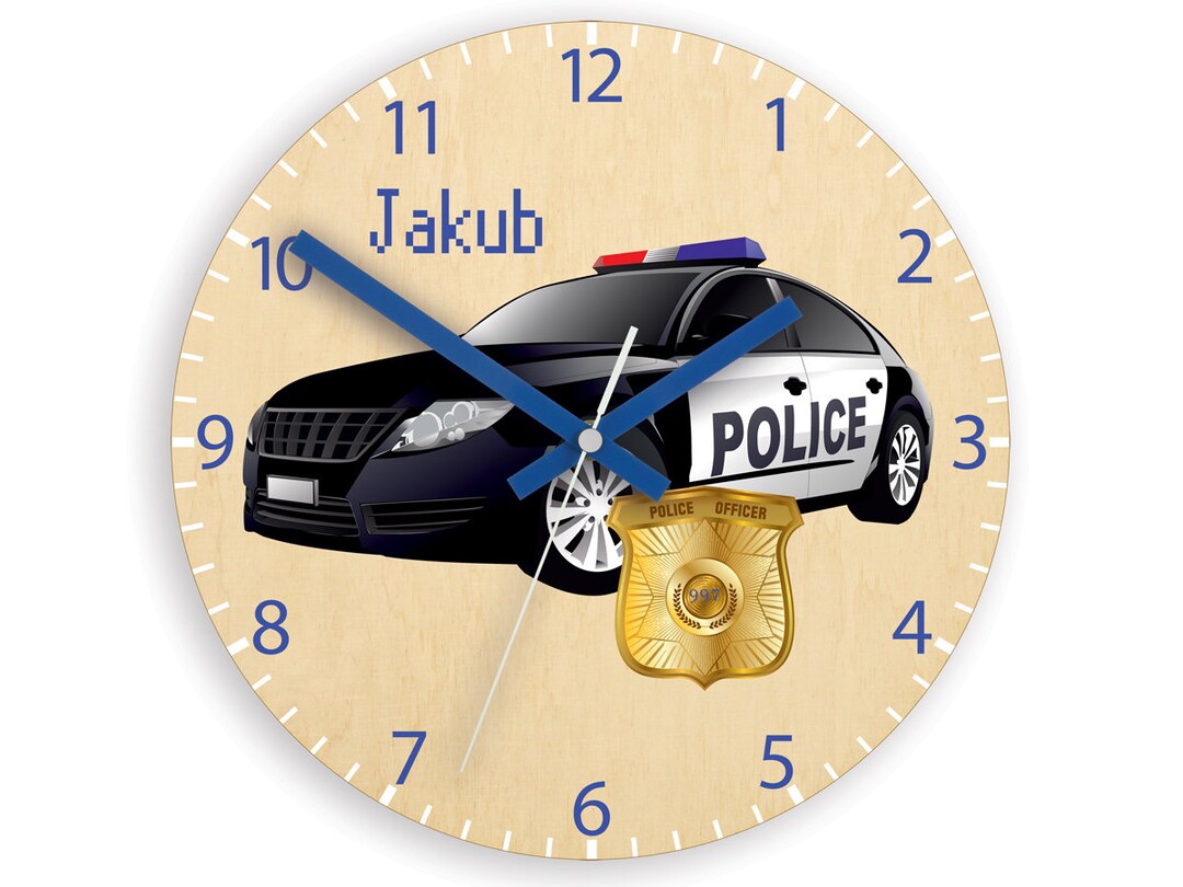 Kids Wall Clock - Police Car With Personalizen Name, Wood Clock, Large ...
