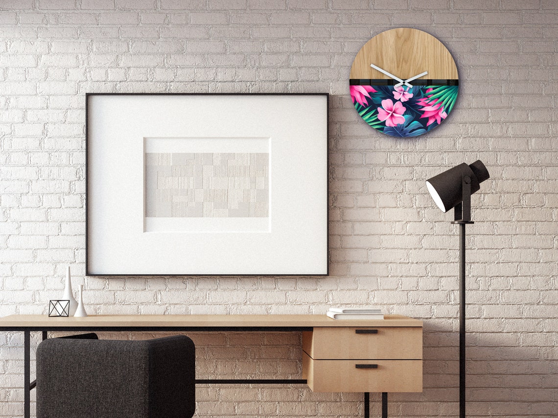 Large Wall Clock Pink Flower Silent Wood Clock With Leaf | Etsy