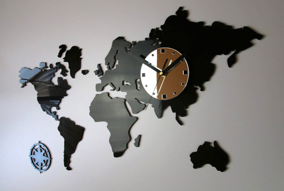 Wall Clock, WORLD MAPS Black and Clock Face Mirror, Modern Clock, Gift ...