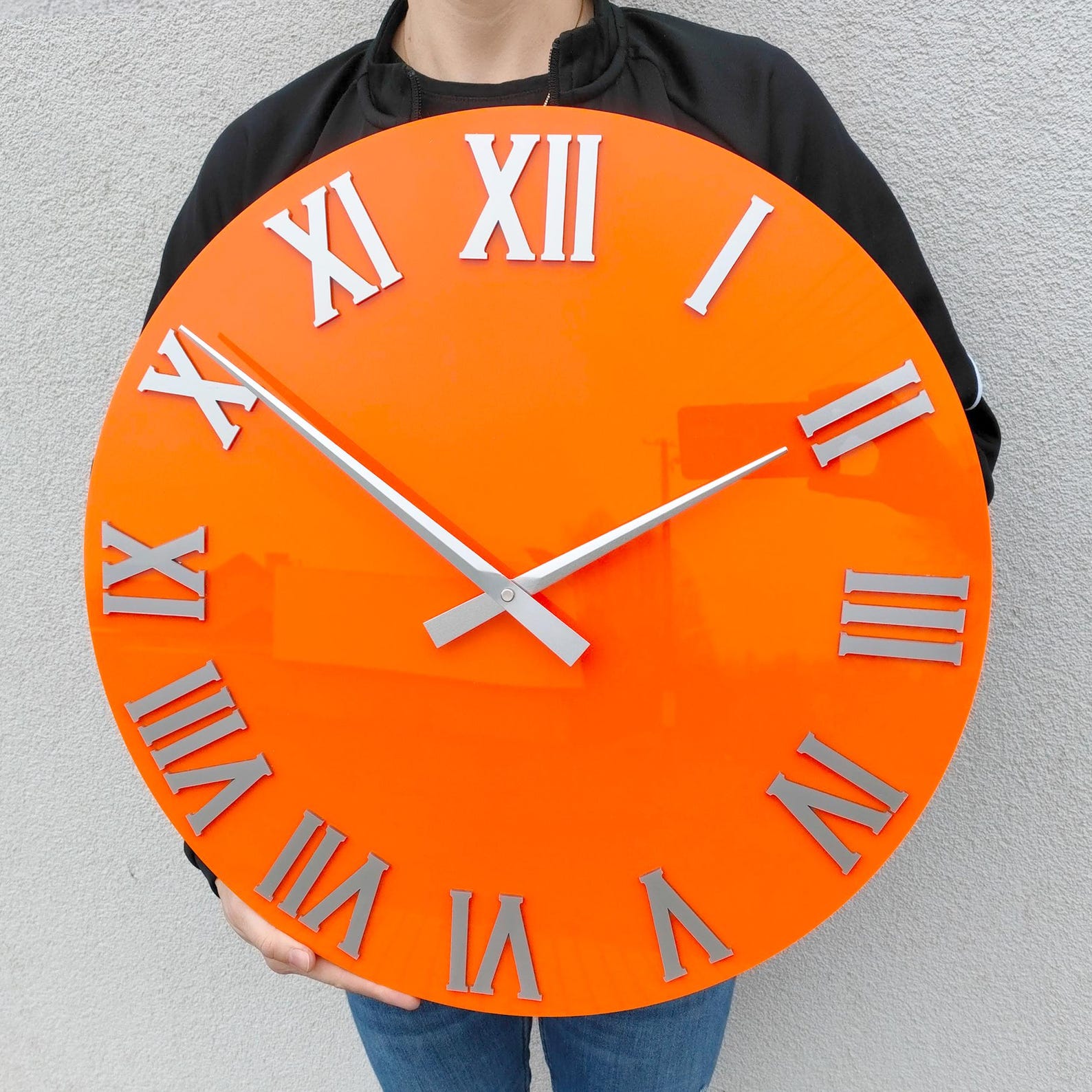 High Gloss Roman Numerals Wall Clock - Modern Orange Acrylic Design ...