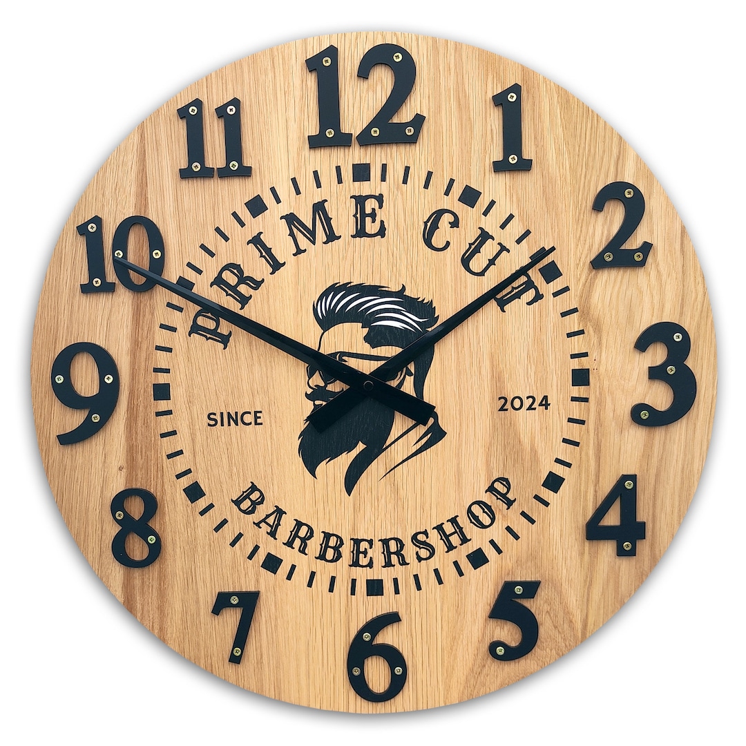 Barbershop Wall Clock With Logo. Barber, Oak Wood Clock, Clock ...
