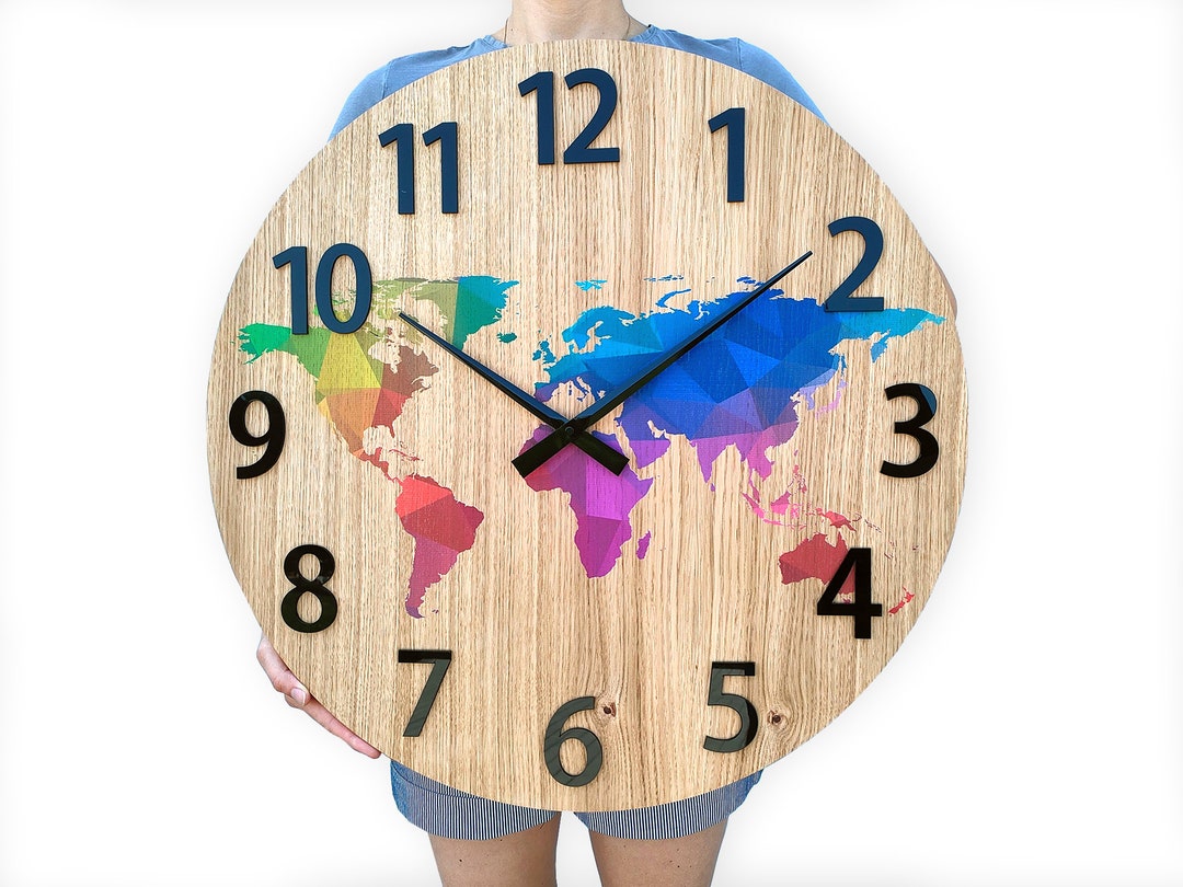 Wood Wall Clock With World Map, Modern Wall Clock With Numbers , Large ...