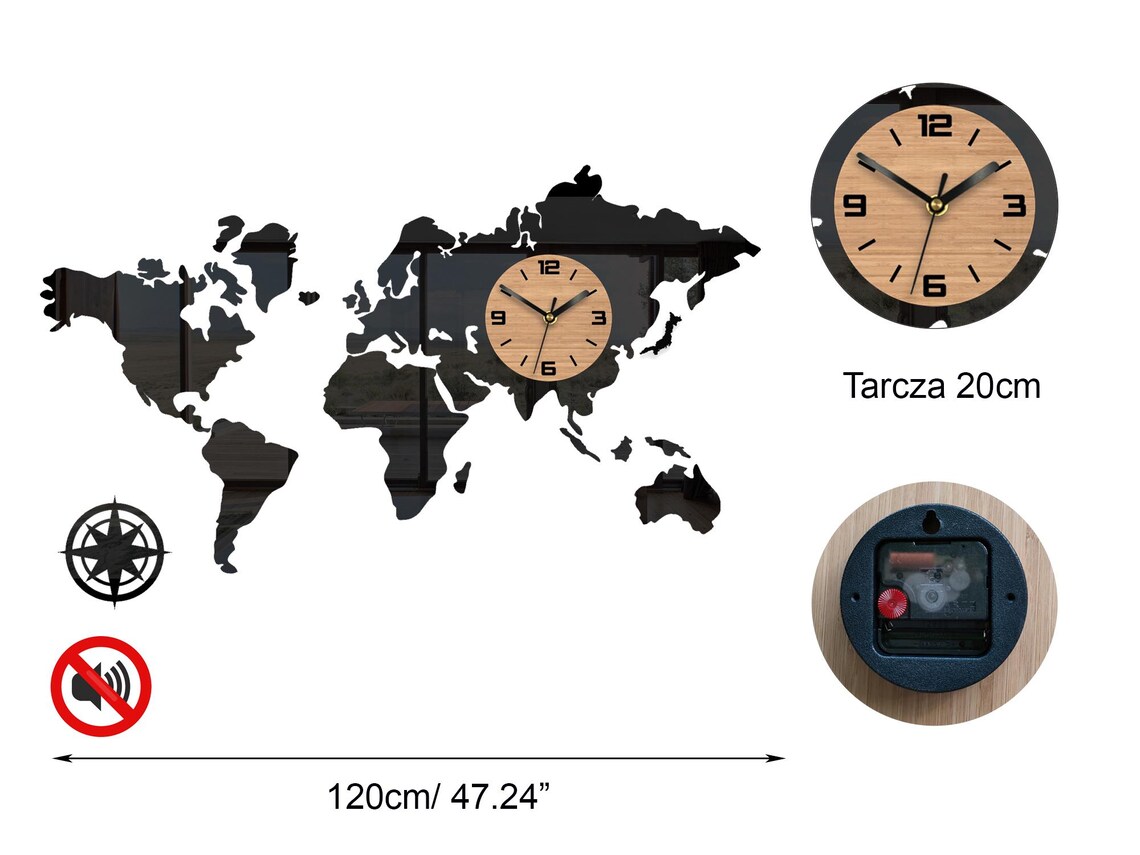 LARGE Wall Clock, Acrylic World Map Wall Clock - Bamboo Dial, Modern ...