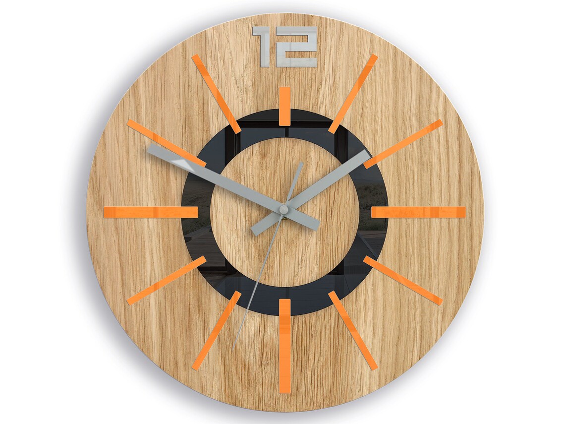 Large Wall Clock - OAK 40cm - Orange Nordic - Wood Clock - Geometric ...