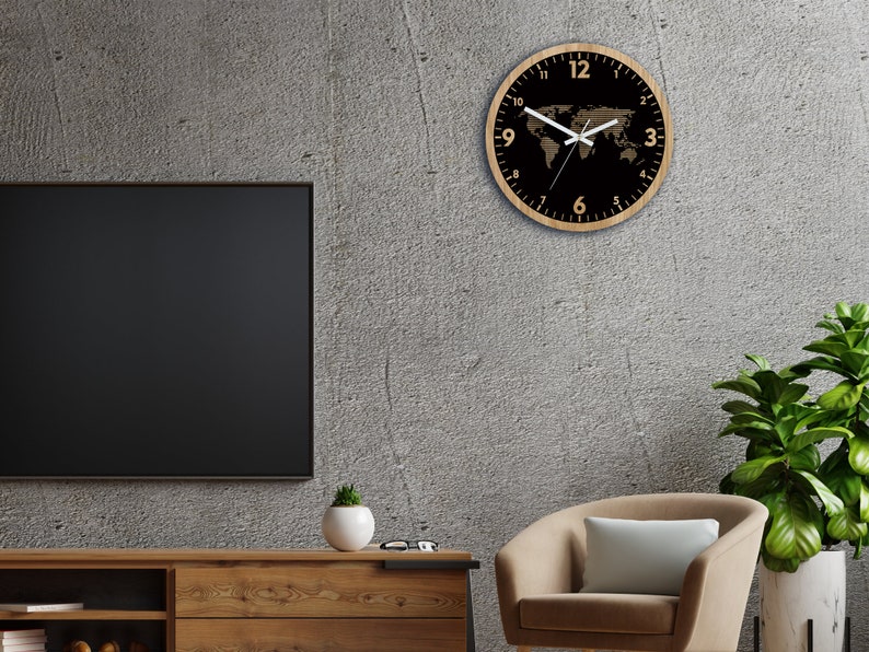 Wood Clock With Black Map World Map Black Silent Modern | Etsy