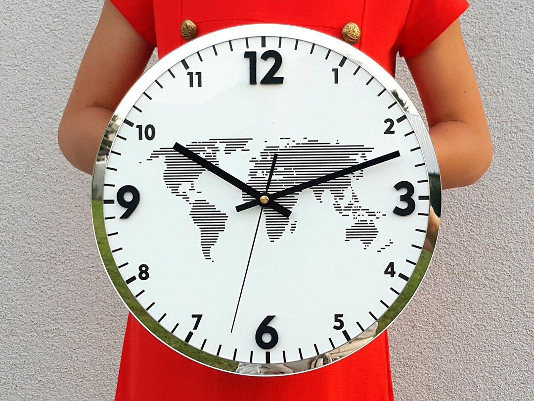 Wall Clock Continental, White Clock With Black World Map and Mirror ...