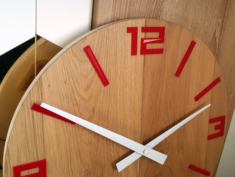 Large Wall Clock Wood Clock With Red Numbers and White Clock - Etsy