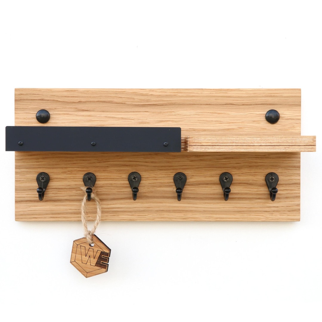 Wall-mounted Oak Veneer Key Holder With Shelf – Modern Wooden Key Rack ...