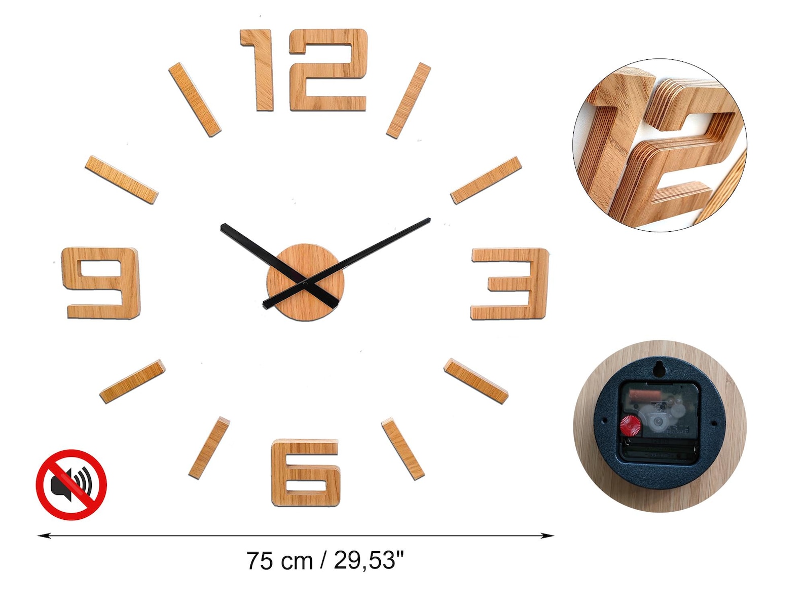 Wooden Wall Clock - Large Wall Clock, Modern Adhesive Wall Clock, DIY ...