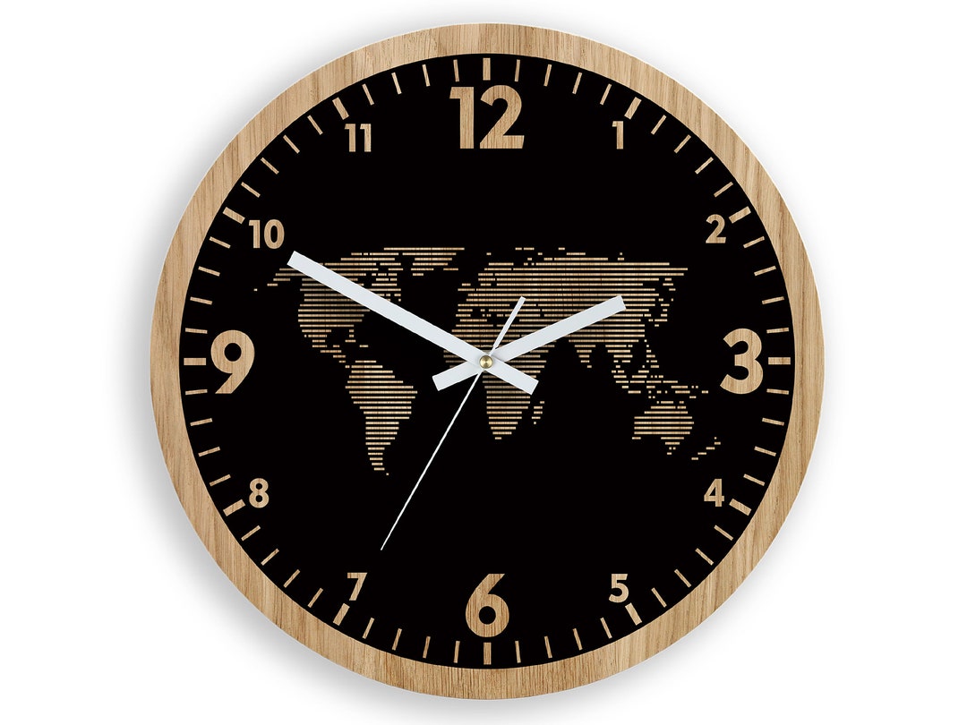 Wood Clock With Black Map World Map, Black Silent Modern Clock With ...
