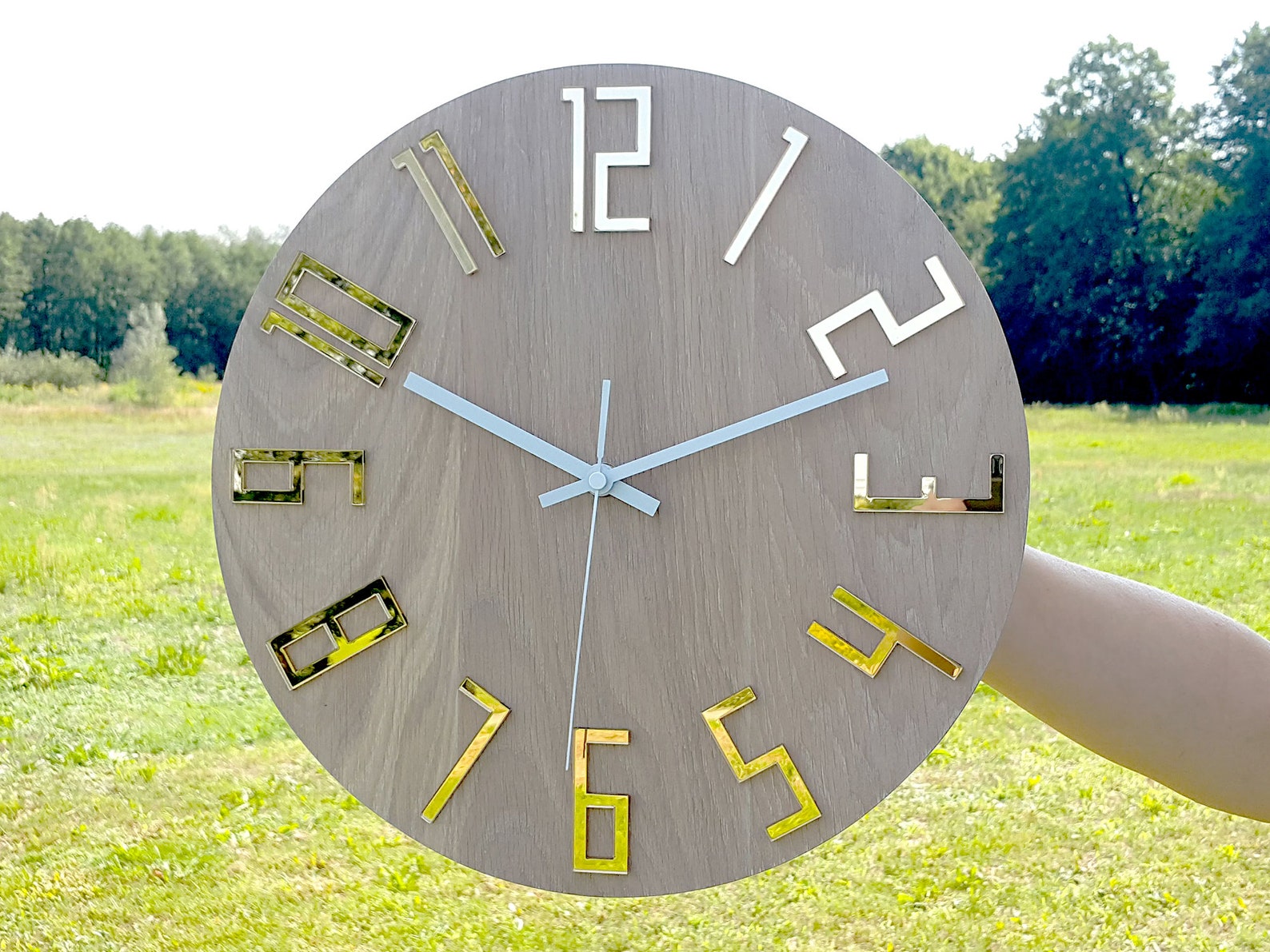 Wall Clock Wood White Clock With Gold Numbers Silent - Etsy