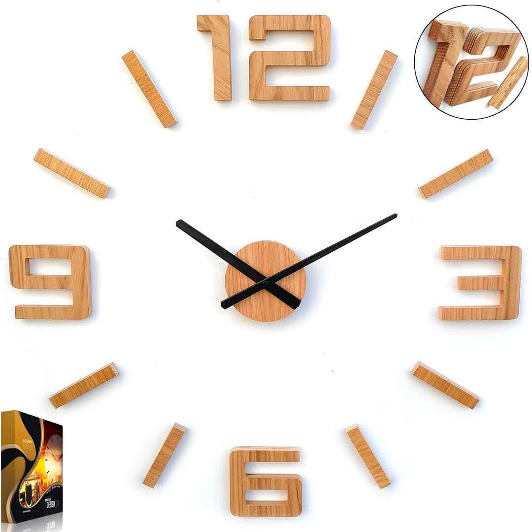 Wooden Wall Clock - Large Wall Clock, Modern Adhesive Wall Clock, DIY ...