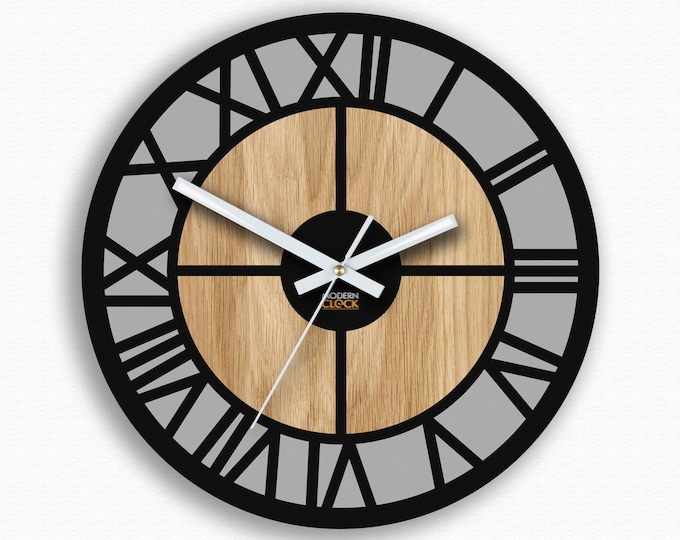 Large Wood Clock Loft Wall Clock Black and Gray Clock - Etsy