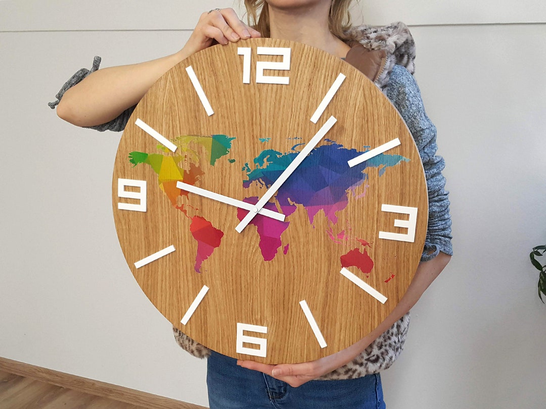Large World Map, Wood Silent Modern Clock With Numbers 49cm / 19,29 ...