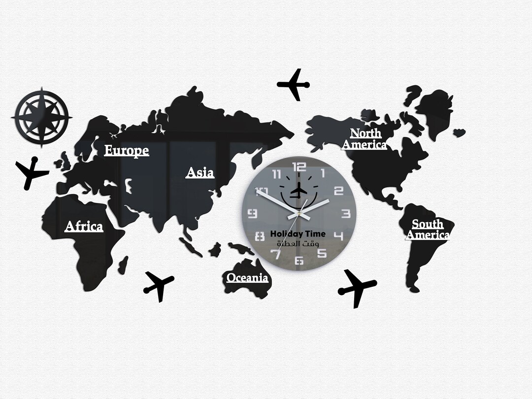 Large Wall Clock World Map, Silent Black Clock With Numbers, Modern ...