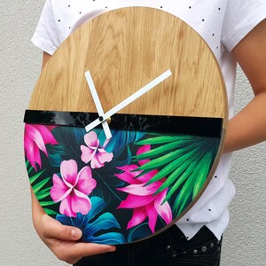 Large Wall Clock Pink Flower, Silent Wood Clock With Leaf Monster 33 ...