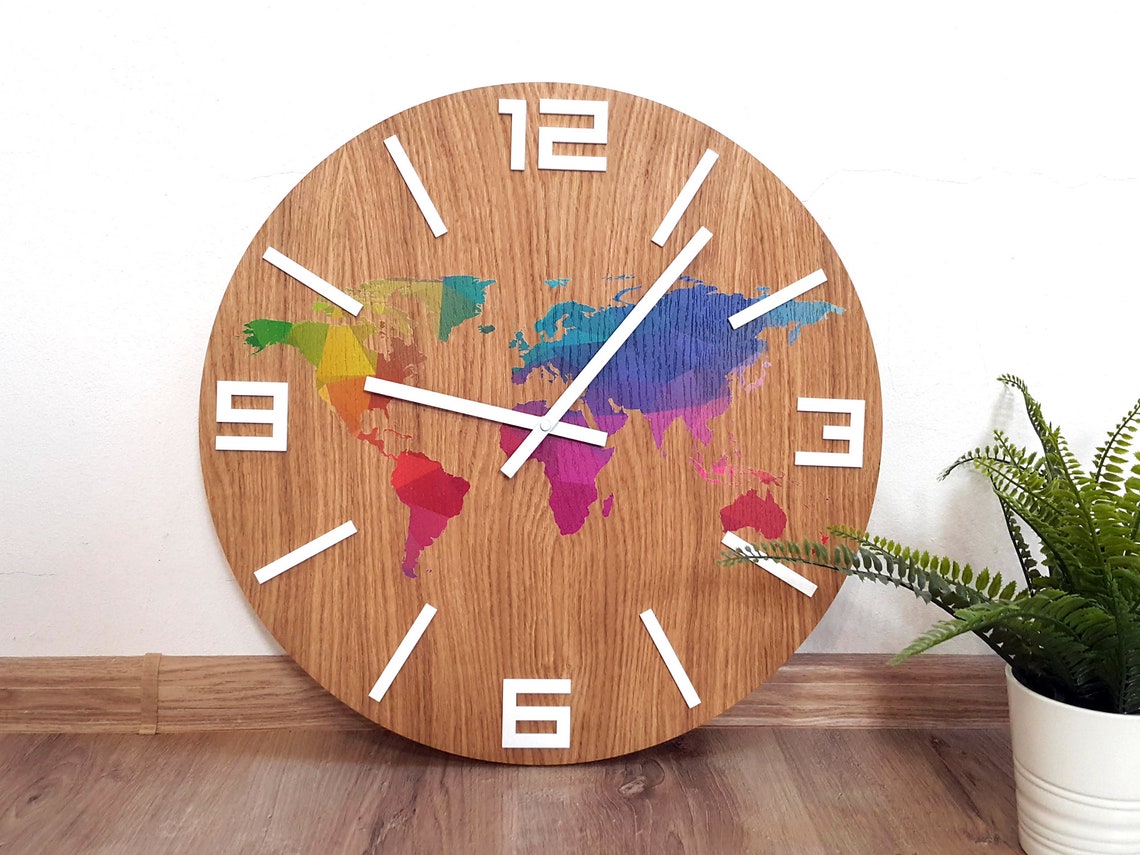 Large World Map Wood Silent Modern Clock With Numbers 49cm / - Etsy