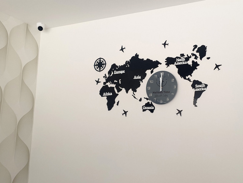 Large Wall Clock World Map, Silent Black Clock With Numbers, Modern ...