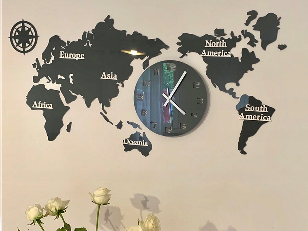 Large Wall Clock World Map, Silent Black Clock With Numbers, Modern ...