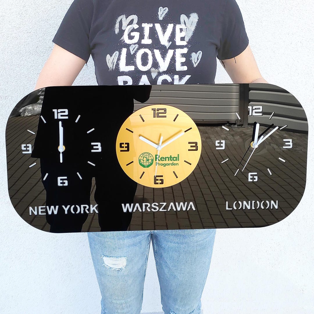 World Timezone Wall Clock – Time Zone Clock With Custom Logo – Modern 3-city Wall Clock - Gold ...