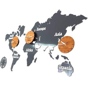 LARGE Wall Clock, Map Clock With Time Zones, Gray Clock, World Clock ...