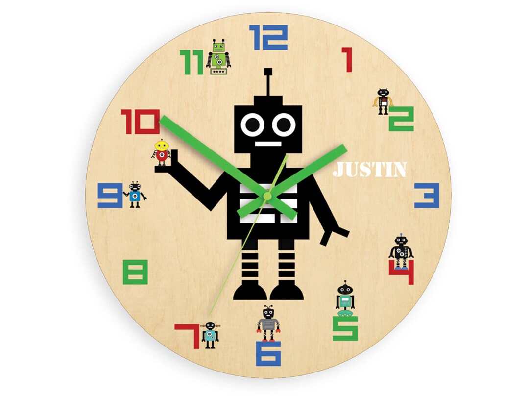 Children Wall Clock - Robot With Personalizen Name, Clock With Numbers ...