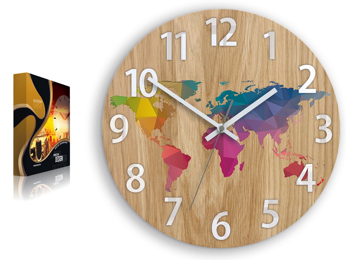 Wall Clock OAK 13 in World Map With Numbers Wood Clock - Etsy