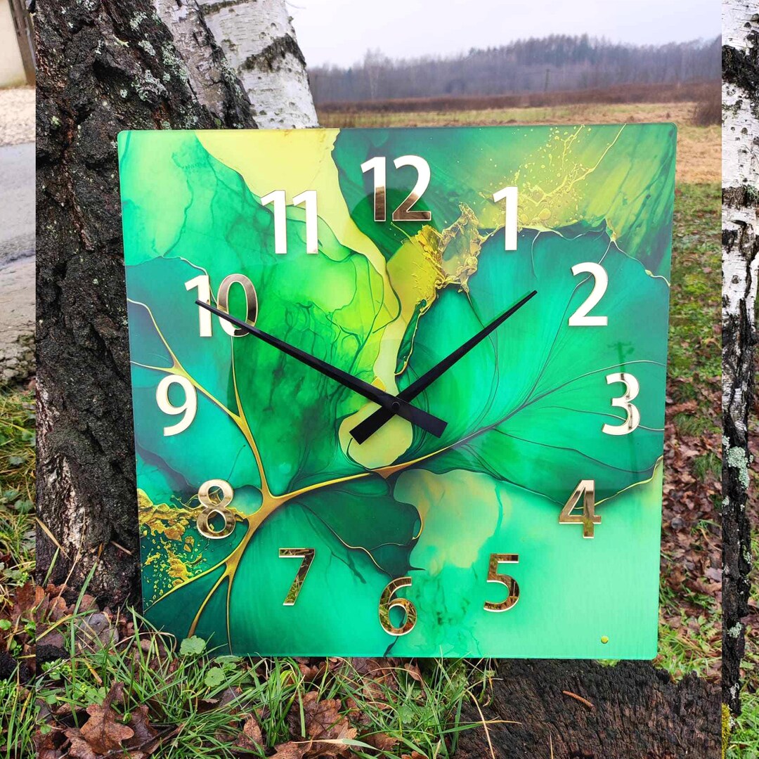 Large Wall Clock, Amazing Green, Marble Abstract Art Green and Gold ...