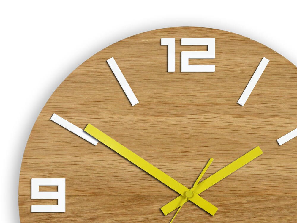 Wood Wall Clock Large Wall Clock OAK White Numbers and Yellow - Etsy