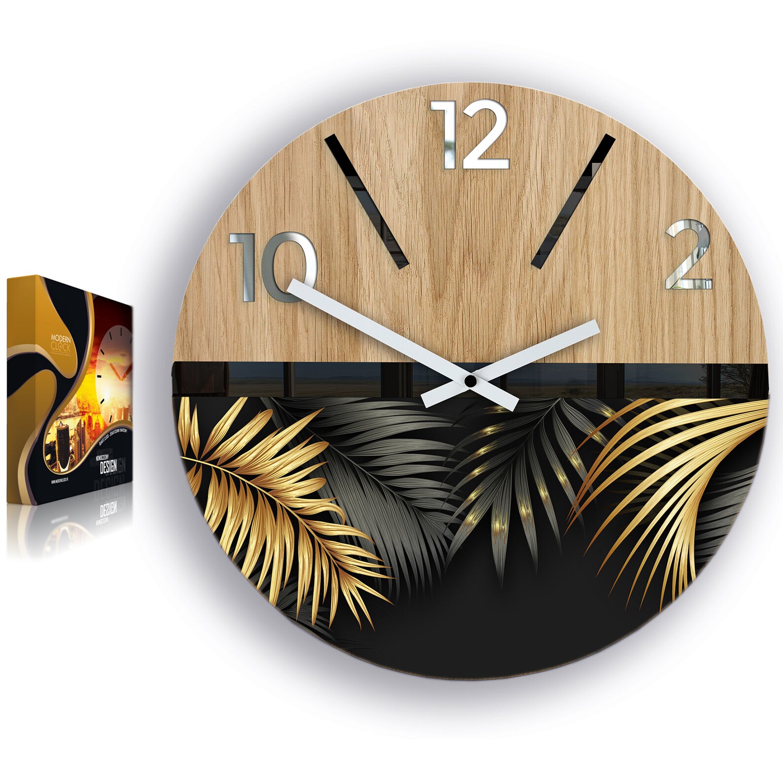 Large Wall Clock- Silent Wood Clock With Golden Leaf, Unique Wall Clock ...