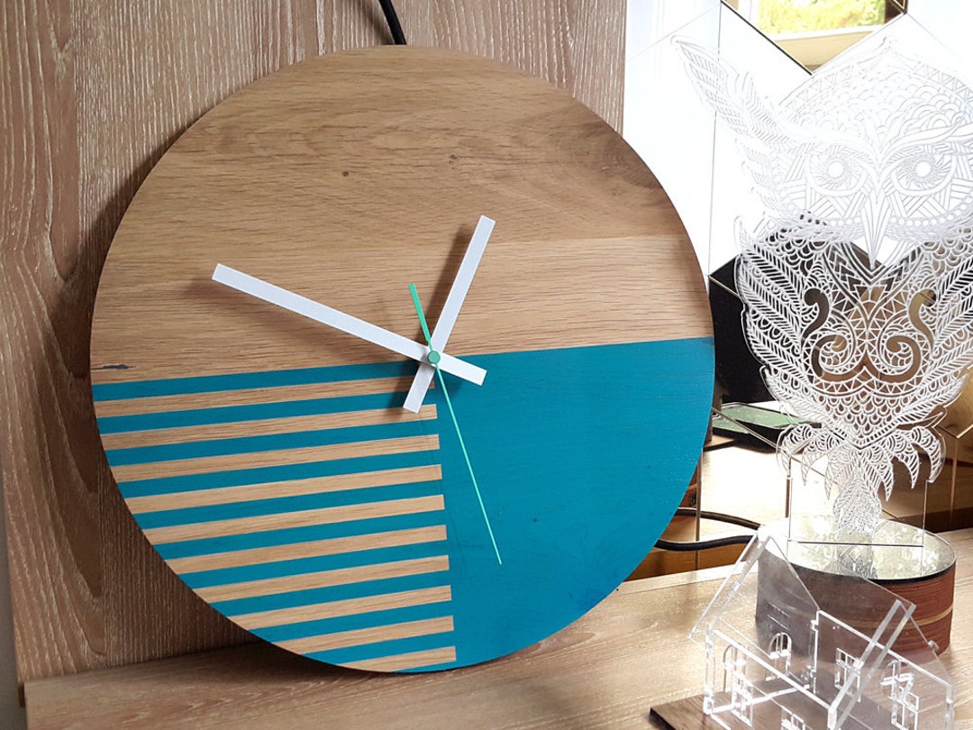 Large Wood Wall Clock, OAK, Blue Lagoon 13,19inch, Gift, Unique Wall ...